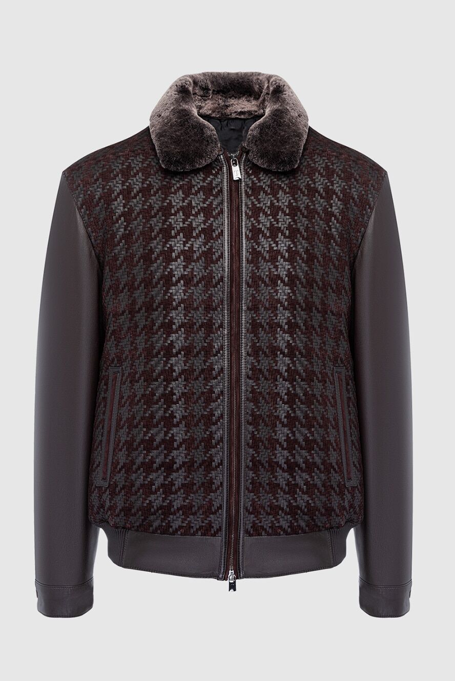Torras mens brown leather jacket with fur collar in pied-de-poule ...